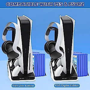 PS5 Cooling Station with RGB LED for Playstation 5 Console, Grathia Dual Fast PS5 Controller Charging Station with Cooling Fan, PS5 Controller Charging Doking Station with 12 Games & Headset Holder