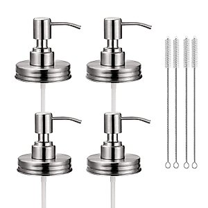 4 Pack Mason Jar Soap Dispenser Lids with Pumps, Rustproof Stainless Steel Lotion Soap Dispenser Lids Replacement for 16 oz Regular Mouth Mason Jar Decor, 4 Brushes Included Silver