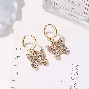 INENIMARTJ Butterfly Earrings Butterfly Dangle Earrings 14K Gold Small Crystal Butterfly Hoop Earrings for Women