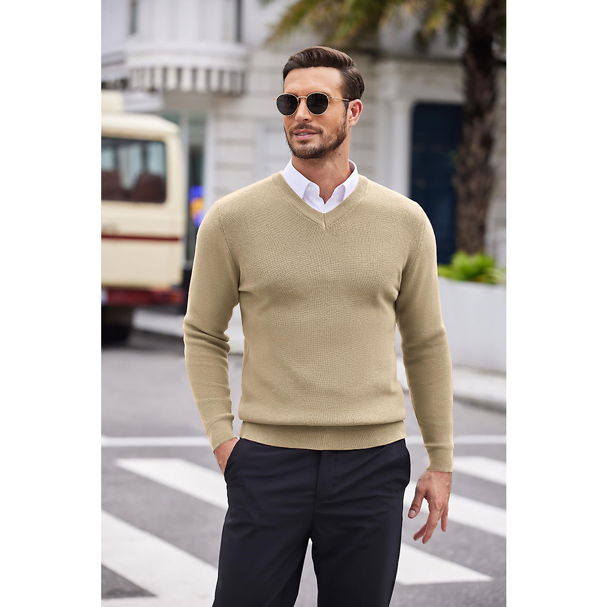COOFANDY Men V Neck Dress Sweater Knit Long Sleeve Casual Slim Fit Pullover Sweater Khaki