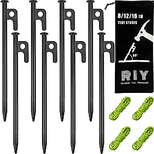 RIY Tent Stakes, 8Pcs Heavy Duty 8 Inch Steel Tent Stakes with 12 Inch Camping Hammer, Hiking Camping Kit Easy to Carry and Use