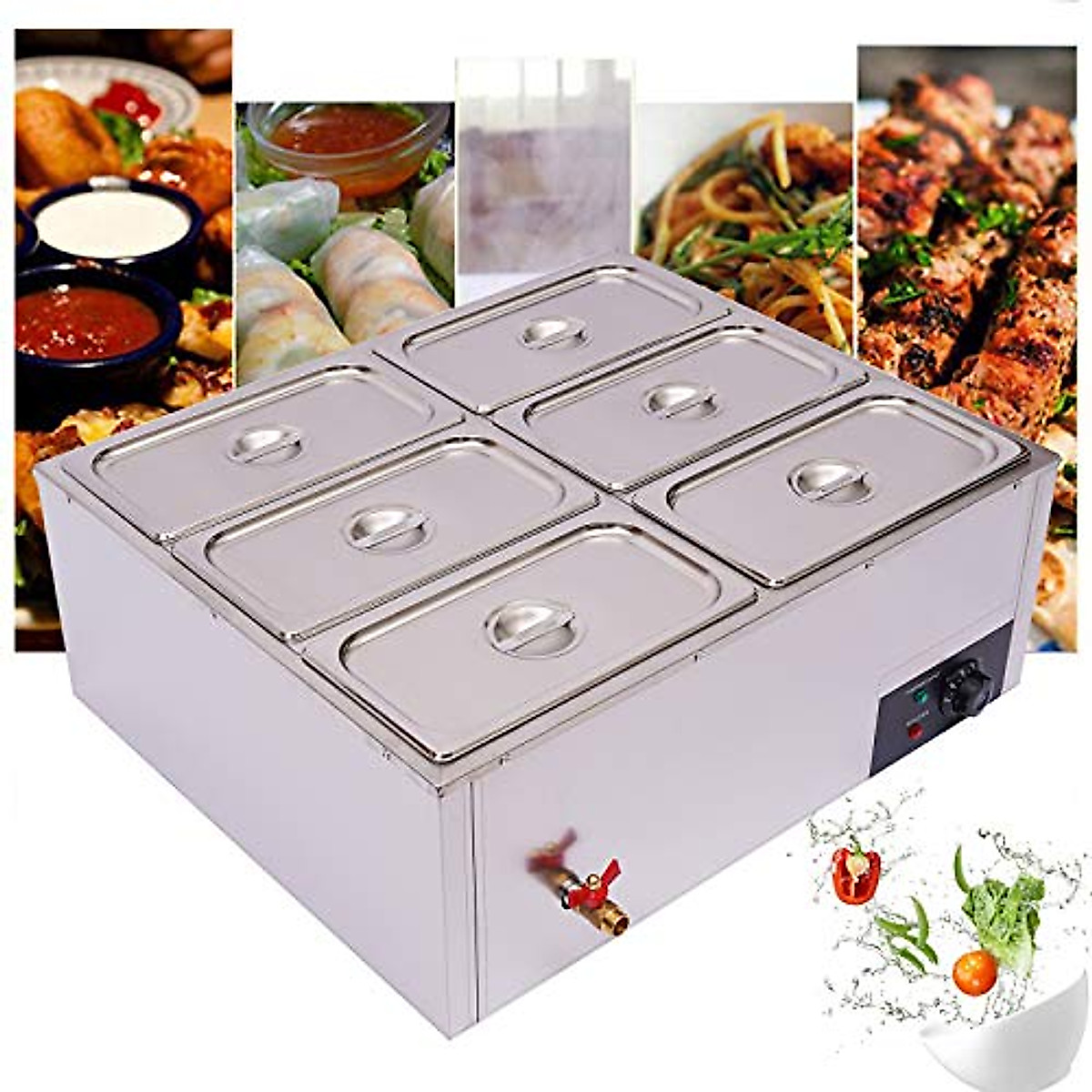 Buffet Server Food Warmer, 6 Pot Stainless Steel Electric Food Warmer Buffet Server Heater Tray Pan Bain-Marie Buffet Countertop Food Warmer Steam Table Steamer + 6Lid 850W 110V (US Stock)