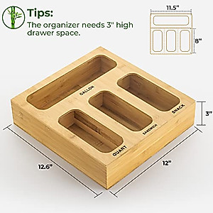 Ziplock Bag Organizer - Pantry Storage Bag Organizer for Kitchen Drawer, Natural Bamboo Organizer Compatible with Ziploc, Solimo, Glad, Hefty for Gallon, Quart, Sandwich, and Snack Variety Size Bag