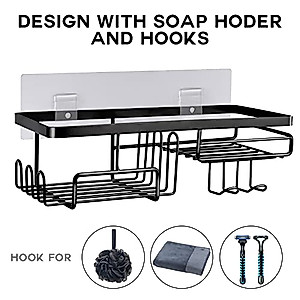 Shower Caddy 2 Pack with Soap Holder, Adhesive Shower Caddy Shelf with 11 Hooks, Wall Mounted Bathroom Shower 0rganizer Stainless Steel No Drilling Black Shower Rack Basket for Inside Shower, Kitchen