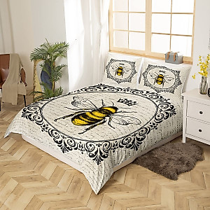 Erosebridal Sweet Honey Bee Bedding Sets Queen Cute Kawaii Animal Comforter Cover Retro Vintage Style Bed Sets 70S 80S Grunge Duvet Cover Old Newspaper Print Quilt Cover Breathable 3pcs