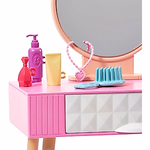 Barbie Furniture & Accessories Set, Doll House Décor, 10+ Pieces for Vanity Including Stand with Mirror, Stool, Beauty Products & More