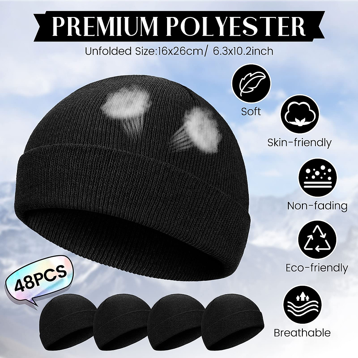 Tarpop 48 Pcs Winter Beanies Bulk Unisex Warm Skull Cap Elastic Knitted Beanie Hats for Men Women Gifts (Black)