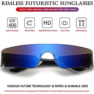 AIEYEZO Modern Fashion Rimless Futuristic Wrap Around Sunglasses Women Men Cyberpunk Visor Sun Glasses Trendy Future Shades (Black/Blue Mirrored)