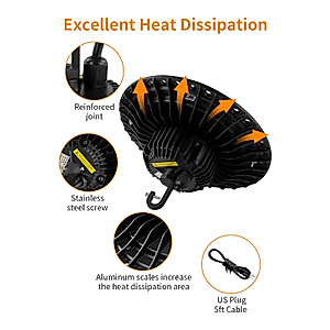 LED High Bay Light, 100W 12000LM UFO LED High Bay Lights with US Plug 5' Cable, Eqv.400W MH/HPS, 6500K Super Bright LED Shop Lights IP65 Area Light Fixture Bay Lighting for Garage Factory Workshop