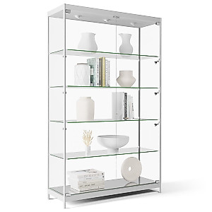 Displays2go Tempered Glass Showcases in Silver, Anodized Aluminum & Melamine, LED Lighting – Silver (LESC4816SV)
