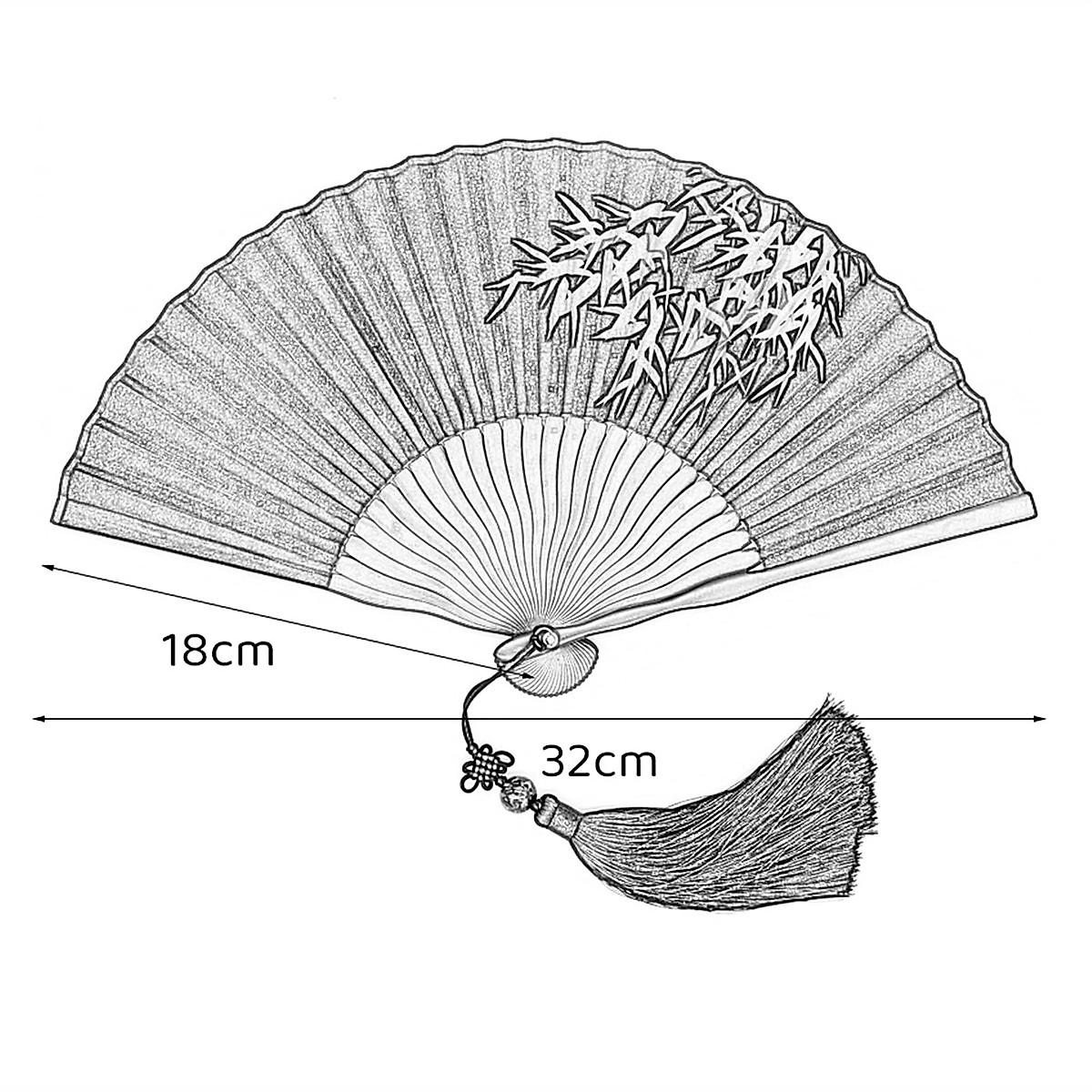 RAN Small Black Folding Fans, Chinese Bamboo Leaf Pattern Hand Fan Folded Purse Hand Fan with Fabric Sleeve and Tassel, for Women