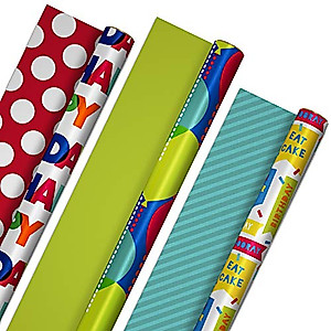Hallmark Reversible Birthday Wrapping Paper Bundle (3-Pack: 75 sq. ft. ttl.) Balloons, Bright Green, Teal Stripes, White Polka Dots on Red