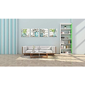 Flower Painting Wall Art Watercolor MasonJar Floral Picture Artwork 4 Panel Modern Oil Painting Print on Canvas for Bedroom Living Ready to Hang