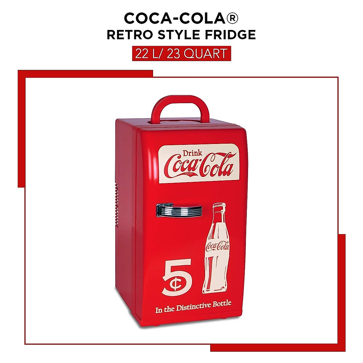 Coca-Cola Retro 18 Can Mini Fridge w/ 12V DC and 110V AC Cords, 22L (23 qt), Portable Cooler, Red, Travel Fridge for Drinks, Snacks, Lunch, Home, Office, Dorm Room, RV