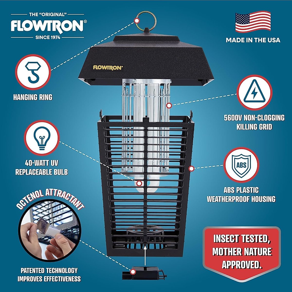 Flowtron Bug Zapper, 1 Acre of Outdoor Coverage with Powerful 40W Bulb & 5600V Instant Killing Grid with Mosquito Attractant Cartridge