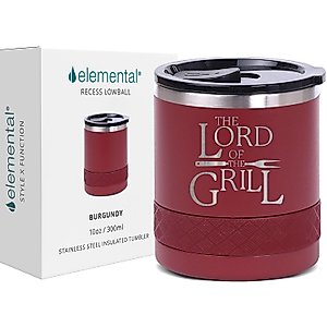 Lord of the Grill Lowball Valentine Tumbler for Him - Triple-Wall Stainless Steel Travel Cup with Ceramic Lid - Gift for Dad & Father In Law on Valentine's Day, Birthday & Father Day - 10oz Burgundy