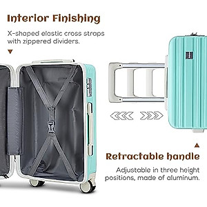 imiomo Carry On Luggage 20 Inch airline approved Hardside 3PCS Set Lightweight Rolling Travel Luggagewith TSA Lock， Suitcase with Spinner Wheels (GREEN+beige, Carry-On 20-Inch)