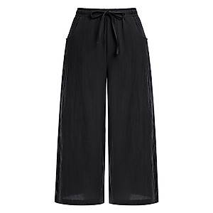 OBEEII Womens Casual Elastic High Waisted Wide Leg Loose Palazzo Pants Trousers with Pockets Black XL