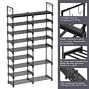 UMBFUN 9 Tiers Shoes Rack Organizer for Entryway Hold 32-40 Pairs Shoes and Boots Black Metal Garage Shoes Storage Tall Stackable Free Standing Big Shoe Rack for Closet with 4 Hooks(2x9)