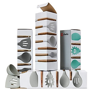 Silicone Cooking Utensils | Wooden Handle, Non-Stick Cookware Heat Resistant Kitchen Utensil Spatula, Slotted & Solid Spoon, Soup Ladle, Slotted Turner and Spaghetti Server,| Acacia Wood - Light Grey