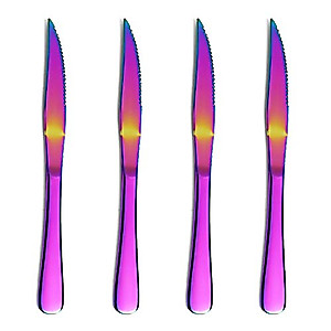 Rainbow Steak Knife Set, Kyrtaon Colorful Serrated Knife, Titanium Mutil-color Plating Stainless Steel Sharp Knives Set, Dinner Knifes Set of 4, Dishwasher Safe Sturdy And Easy To Clean