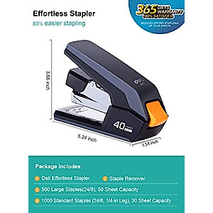 Deli Effortless Desktop Stapler, 40-50 Sheet Capacity, One Finger Touch Stapling, Easy to Load Ergonomic Heavy Duty Stapler, Includes 1500 Staples and Staple Remover