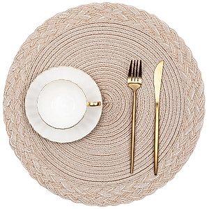 SHACOS Round Placemats Set of 6 Boho Woven Braided Border Table Mats Washable Heat Resistant 15 inch Circle Place Mats for Dining Table, Beige