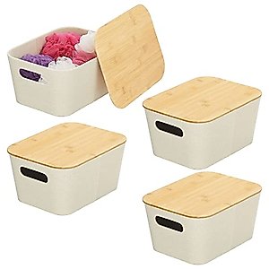 mDesign Fabric Basket with Lid - Wide Stacking Decorative Storage Box Bins with Covered Bamboo Lids for Closet, Bedroom, Living Room or Office - Holds Clothing and Accessories, 4 Pack, Cream