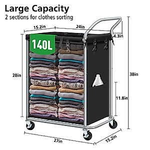 Laundry Basket with Wheels, 2-Section Rolling Laundry Hamper with Removable Liner, 37 Gallons (140L) Laundry Sorter Cart, Blanket Storage Organizer with Sturdy Metal Frame(Black)