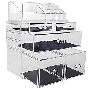 Sooyee Makeup Organizer,Acrylic Cosmetic Organizer Storage Drawers Jewelry and Cosmetic Display Cases Box(5 Drawers 7 Tiers) 3 Pieces Stackable,Clear