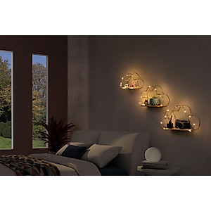 Niemro - Golden Cloud Shape Floating Shelves with LED Lights Wall Decor,Gold Metal Wire and Wood Base Wall Mounted Shelf Decorations for Home Bedroom Living Room - Set of 3