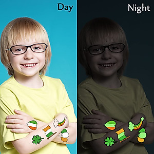 Mocossmy St Patrick's Day Temporary Tattoos Stickers,24 Sheets Glow in the Dark Shamrock Irish Flag Pots of Gold Luminous Tattoos for St Patrick's Day Parade Spring Party Favor Supplies Decoration