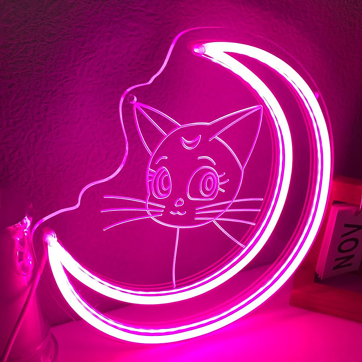 JXIN Moon Neon Sign, Adorable Anime-Inspired Luna Cat Moon Light for Girl's Teen Room Wall Decor, Kawaii Gamer Room, Birthday Decorations