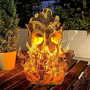 Solar Lights Outdoor Garden Statues Tiki Decor Stump on Fire Halloween Figurine Lights Large Solar Flickering Flame Light Waterproof Suitable for Table Yard Garden Patio Pathway Holiday Decor