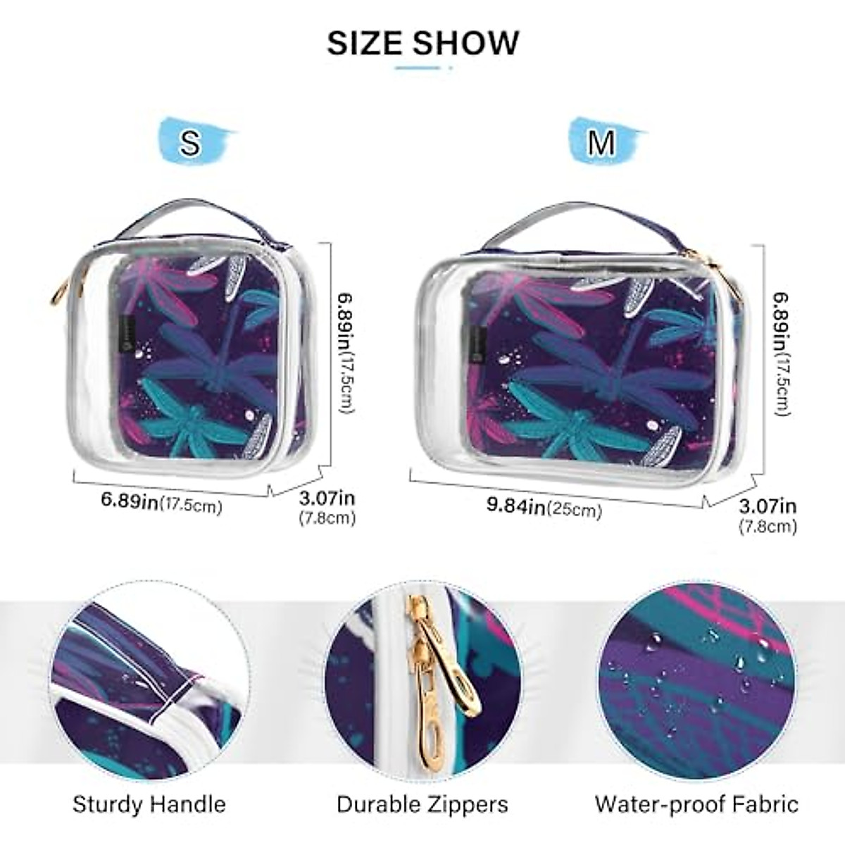senya Clear Toiletry Bag,Travel Makeup Cosmetic Bag Carry on Airport Airline Compliant Bag Big Colorful Dragonfly for Women Men
