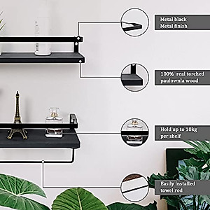 YIHATA Floating Shelf with Towel Wall Shelves,Set of 2 Wood Wall Storage Shelves with Metal Hooks for Kitchen, Bedroom, Bathroom, Office