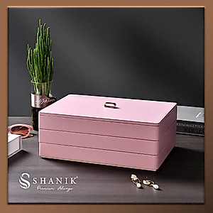 Shanik Stackable Large Jewelry Tray Organizers, 3 Pc. Set, Cute Designer Storage with Soft Velvet Surfaces to Protect Rings, Necklaces, Bands, and Earrings, Custom Display, Large Capacity, Pink