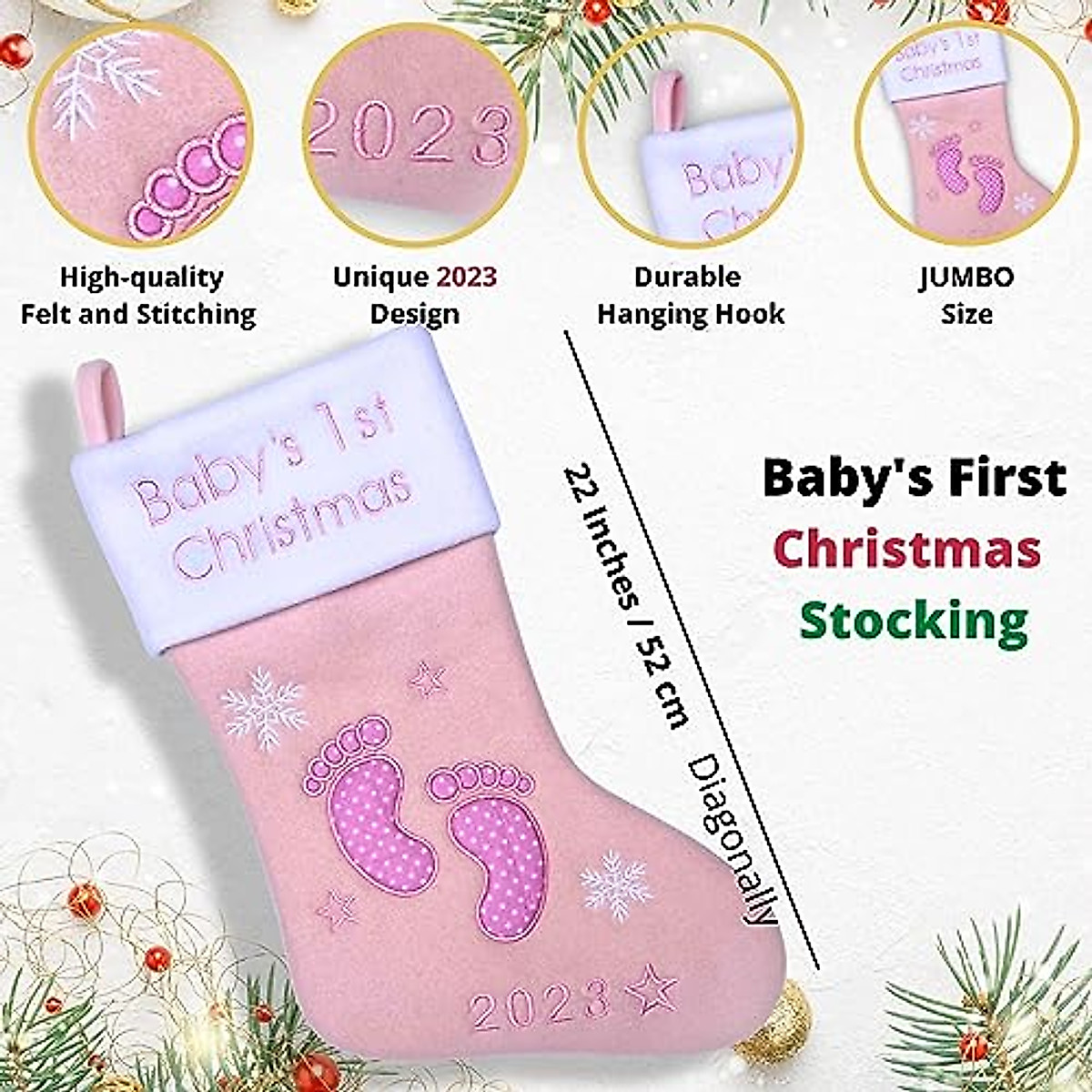 Heart's Sign Babys First Christmas Stocking 2024 Footsteps | My First Christmas Baby Boy and Baby Girl | Newborn Stockings Christmas Ornaments | Newborn Christmas Decor (Pink)