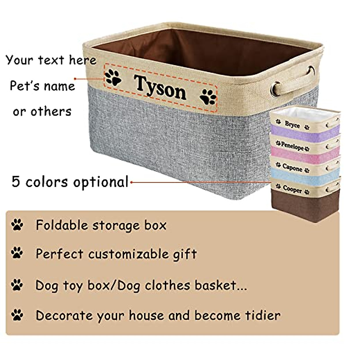 MALIHONG Personalized Dog Toy Box Collapsible Storage Basket Sturdy Fabric Storage Bin with Handles for Organizing Shelf Home Closet, Brown and White Size - 15" x 11" x 8.3"