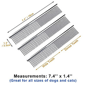 Dog Combs Cat Combs 3 Pack Pet Combs Stainless Steel Metal Comb Wide Tooth Comb&Dense Tooth Comb Flea Comb for Cats Dogs Dog Grooming Comb-Silver