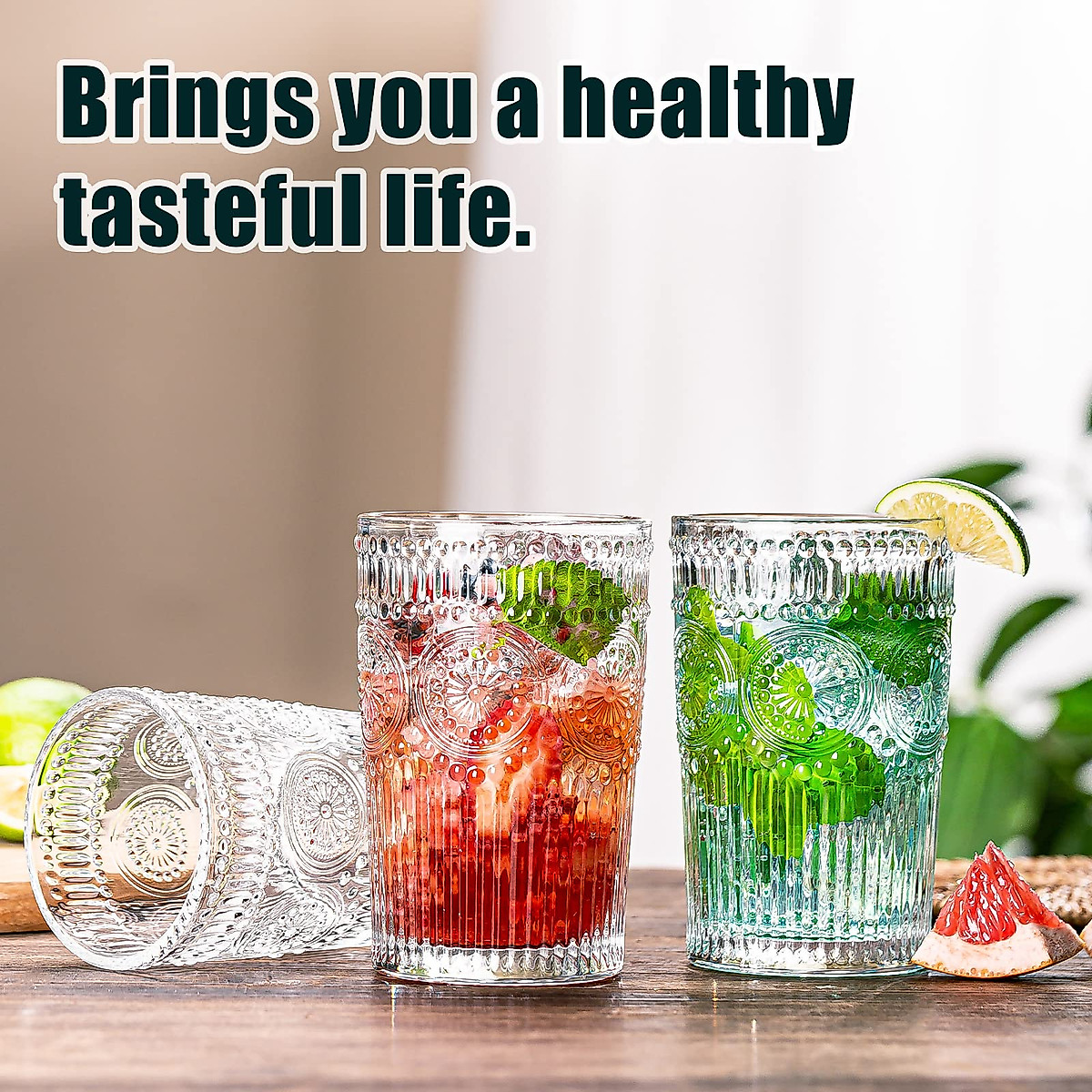 wookgreat Vintage Drinking Glasses Set of 12, Textured Clear Striped Glass Cups-6 Highball Glasses 13oz & 6 Rocks Glasses 10oz, Ribbed Glassware Set, Mojito Cups, Cocktail Glass, Iced Coffee Cup