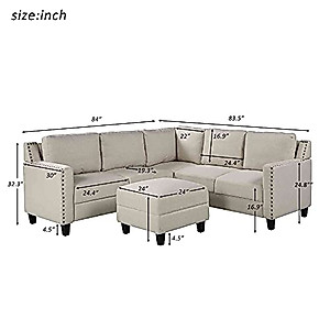 Tulib Symmetrical Sectional Sofa with Ottoman, L-Shaped Rivet Modern Upholstered Couch Set with Cushions, for Living Room, Beige