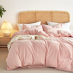 Wake In Cloud - Cotton Duvet Cover Set, Full Size, Light Blush Pink, 100% Washed Cotton, Linen Like Textured, Breathable Percale Durable Comfy Farmhouse Neutral Bedding Set, 3 Pieces