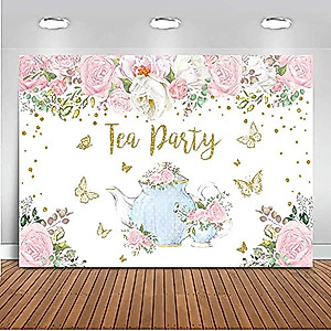 Mocsicka Tea Party Backdrop 7x5ft Princess Wonderland Floral Birthday Baby Shower Photo Backdrops Let's Partea Gold Butterfly Tea Time Photography Background