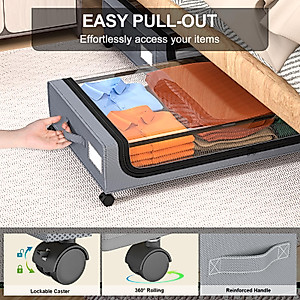 GoMaihe Under Bed Storage with Wheels: XXL 48L Underbed Storage Containers with Lids - Rolling Drawers for Shoes Clothes in Dorm Bedroom - Space-Saving Easy Pull-out Grey 2-Pack