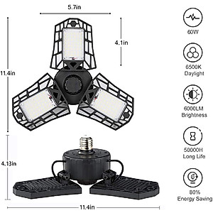 LED Garage Light - 6000 Lumen 2800K Warm White 60W, Three Leaf Led Garage Ceiling Lights -1 Pack