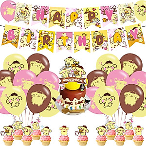 Pompompurin Party Supplies,Birthday Party Decorations for Cartoon Dog for kids with happy birthday banner,cake topper ,balloons for Pompompurin theme birthday party decorations