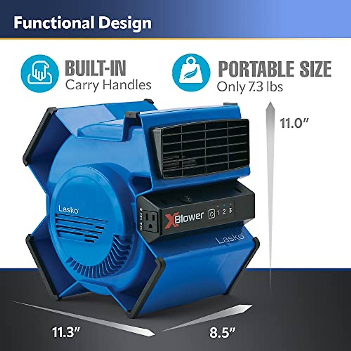 Lasko X-Blower 6 Position High Velocity Pivoting Utility Blower Fan for Cooling, Ventilating, Exhausting and Drying, 3 Speeds, AC Outlet, Circuit Breaker with Reset, USB Port, 11", Blue, X12905