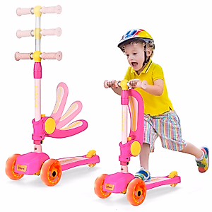 INFANS 3 Wheel Scooter for Kids, 2 in 1 Learn to Steer Kick Scooters with Removable Seat, LED Flashing Wheels, Adjustable Height, Wide Deck, Outdoor Activities Toy Gift for Girls Boys Ages 3-8 (Pink)