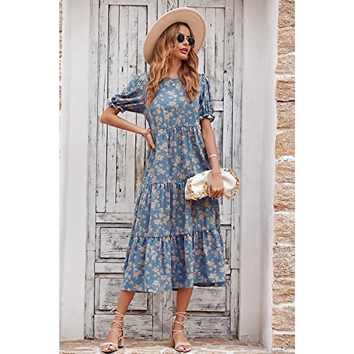 PRETTYGARDEN Women's Summer Casual Boho Dress Floral Print Ruffle Puff Sleeve High Waist Midi Beach Dresses (Blue Apricot,Medium)